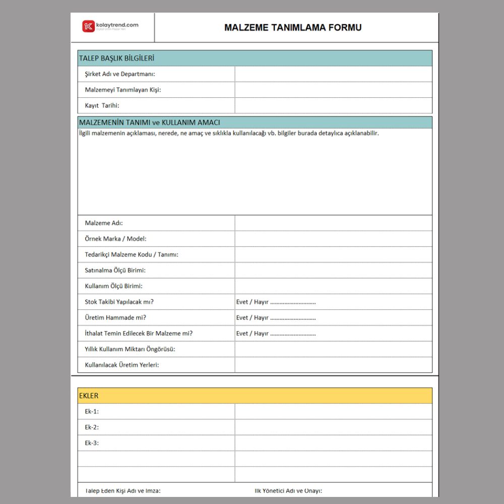 Malzeme Tanımlama Formu - kolaytrend.com