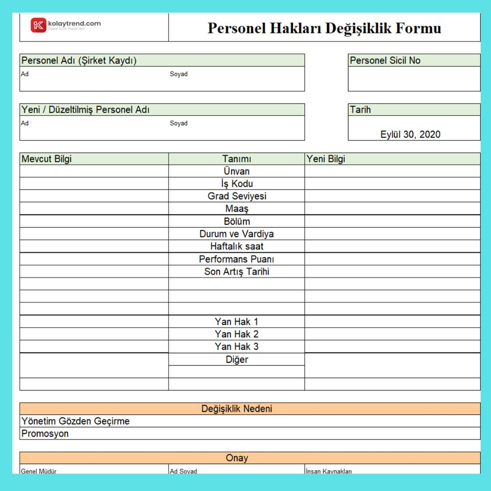 Personel Hakları Değişiklik Formu - kolaytrend.com