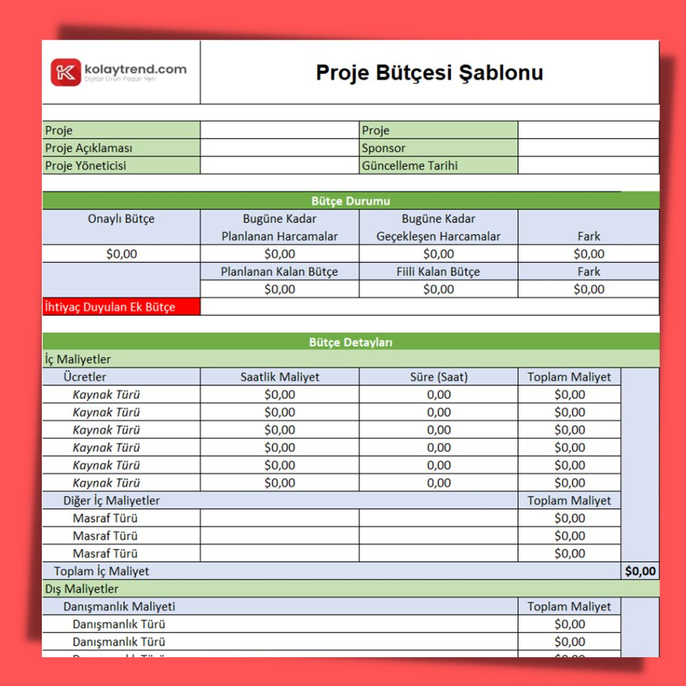 Birden Fazla Projeyi Yönetme Excel şablonu